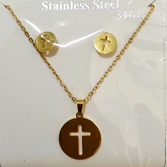 Jewelry | Stainless Steel Gold Cross Necklace Earrings Set | Poshmark